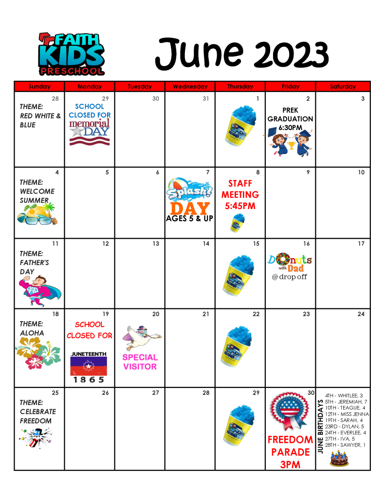 JUNE ACTIVITY CALENDAR | Faith Kids Preschool